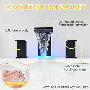 BESy Led 3 Hole Bathroom Sink Faucet, Oil Rubbed Bronze Waterfall Wide Spread Bathroom Faucet with 3 Colors Light Changing, Widespread Vanity Faucet 2 Handle with Supply Lines with Pop Up Drain