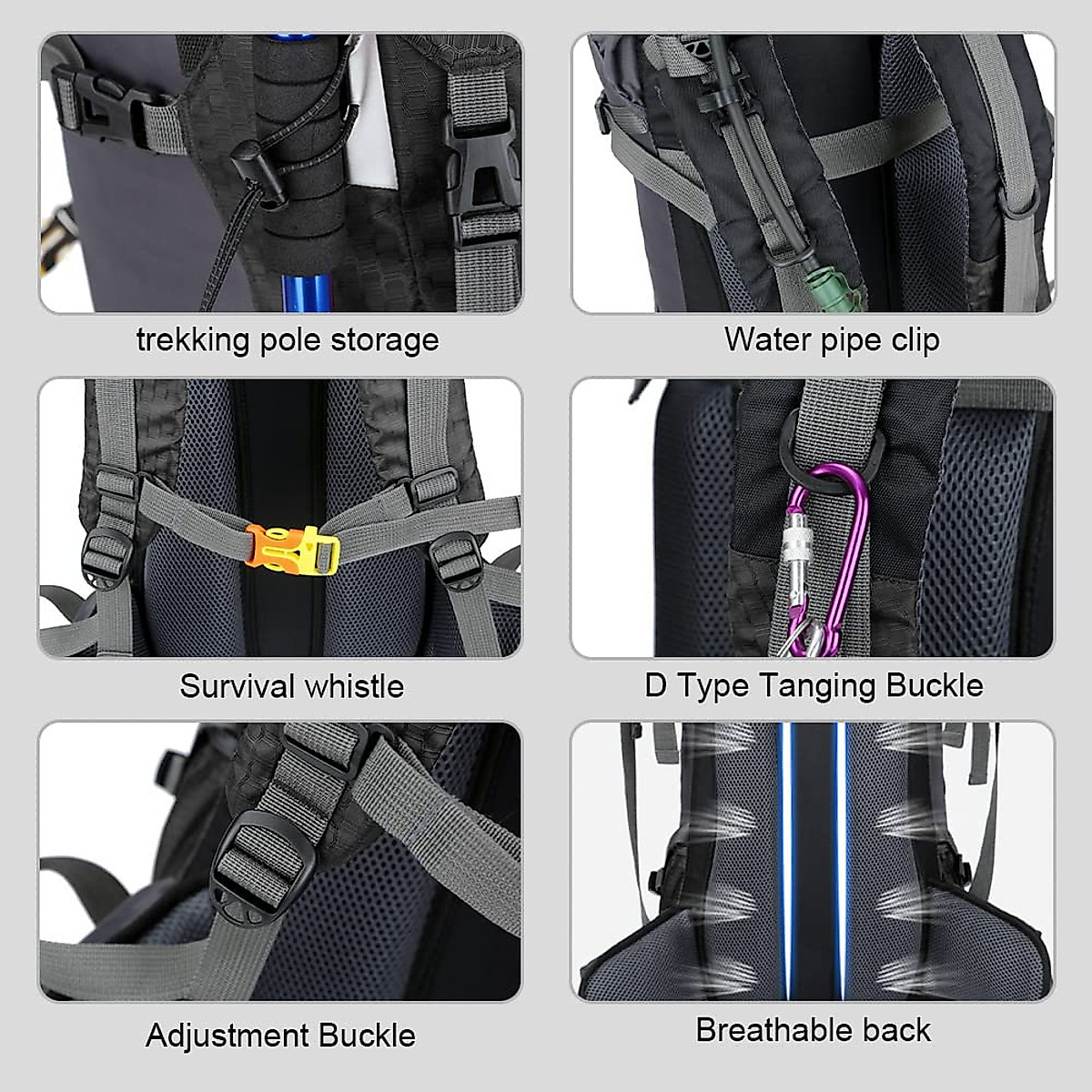 Bginuog Hiking Backpack 60L Waterproof Hiking Rucksack with Rain Cover for Camping Hiking Daypack (Black) (0395)