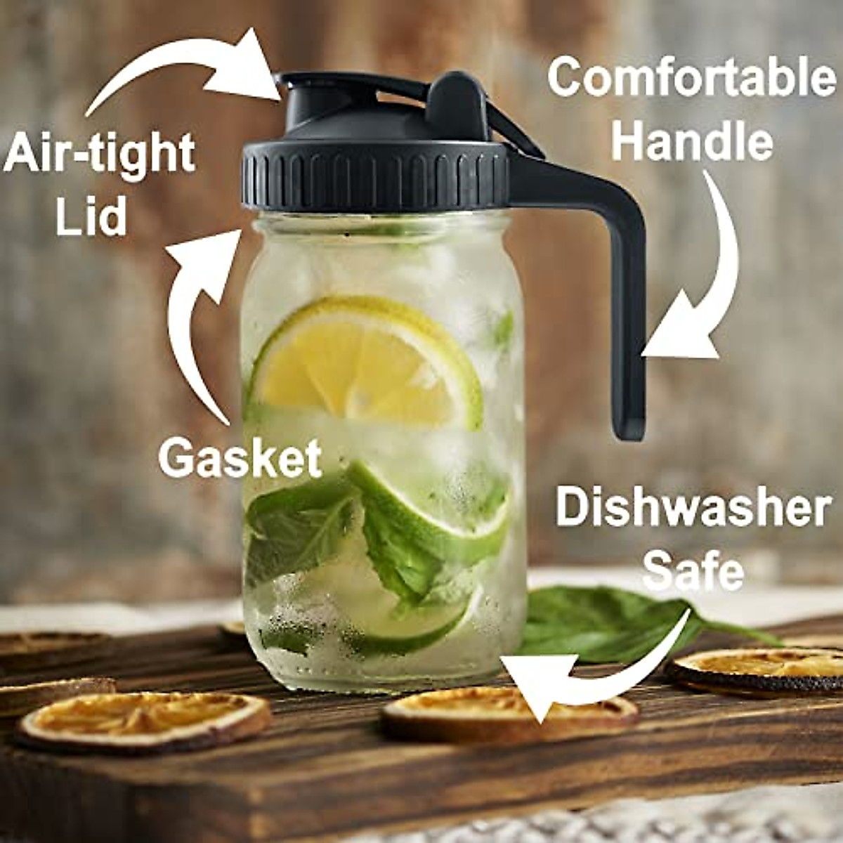 Mason Jar Pour Spout Lid - 32oz Black Glass Pitcher with Lid & Mixing Spoon Food Grade and Safe, 1 Quart Sturdy Wide Mouth Nice for Breastmilk, Drink, Iced Tea, Juice