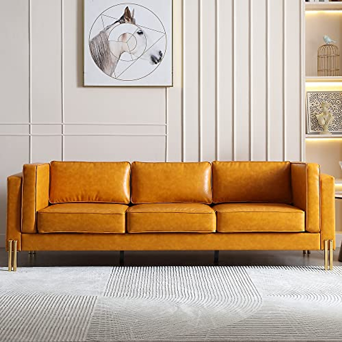 Hommoo Faux Leather Sofa 94" Large 3 Seater Sofa with Removable Cushions Mid Century Modern Couch for Living Room Comfy Couch with Gold Metal Legs Apartment Couch Brown