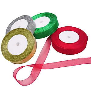 Livder 4 Rolls 4/5 Inch in Width Christmas Metallic Glitter Organza Ribbons Golden, Silvery, Red, Green Ribbon for Gift Wrapping, Christmas Tree Room Decoration