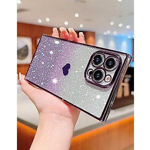 Tzomsze for iPhone 14 Pro Max Case Square [2 in 1] Clear &Glitter Cute Heart Pattern,Full Lens Protection & Electroplate Reinforced Corners Shockproof Edge Bumper Case [6.7 inches] -Purple