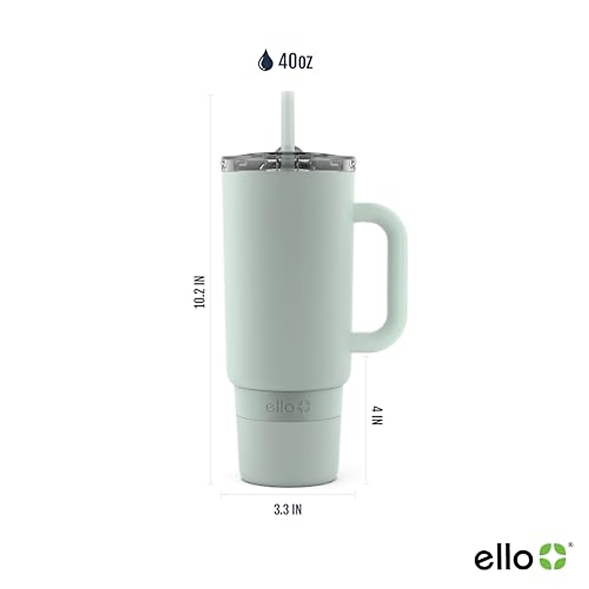 Ello Port 40oz Tumbler with Carry Loop & Integrated Handle, Vacuum Insulated Stainless Steel Reusable Water Bottle, Travel Mug with Leak Proof Lid & Straw, Perfect for Iced Coffee & Tea, Sage