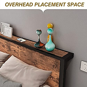 DUMEE Full Size Bed Frame with Wood Storage Headboard, Metal Platform Bed Frames Full, No Box Spring Needed, Noise Free, Reinforced Strong Support Leg, Textured Black&Brown Oak