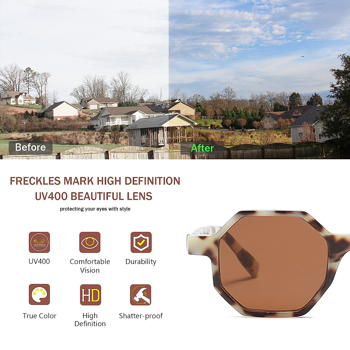 Freckles Mark Retro Hexagon Sunglasses for Men Women Vintage Small Square Glasses (Brown/Tortoise)