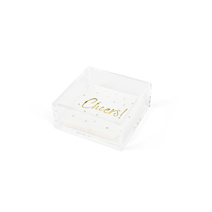 Premium Acrylic Cocktail Napkin Holder - Elegant Napkin Holder with Bonus 20 Gold Embossed 'Cheers' Napkins Included- 5x5 Inches Heavy Duty Acrylic Cocktail Napkin Holder for Parties and Events