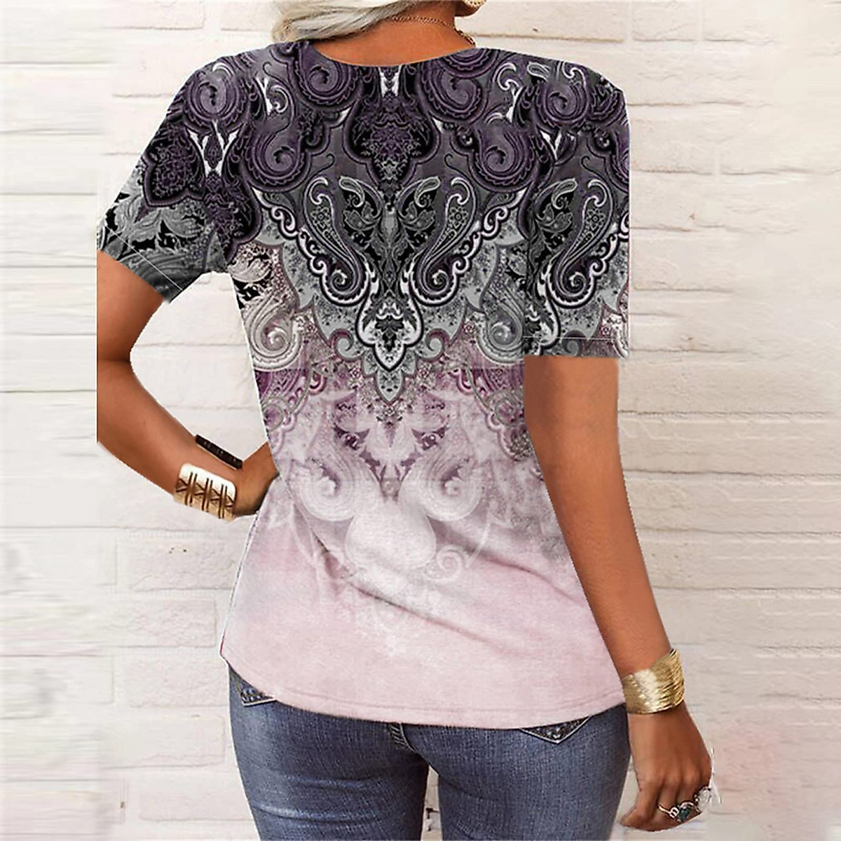 Blouses for Women Dressy Casual Sexy Women Daily Print V Neck Tops Short Sleeve Button Neck Tee Shirt Printed Flower