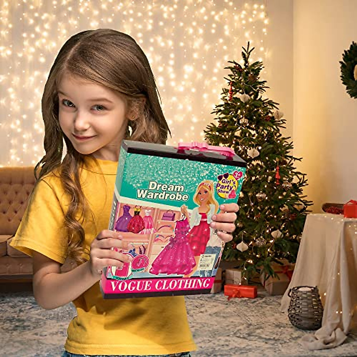 Doll Closet Wardrobe with 11.5” Fashion Doll and and Doll Accessories, Including 4 Dresses, 3 Pairs of High Heel Shoes, Tote Bag and Doll's Hair Clips, Gift for Girls for Christmas and Birthday