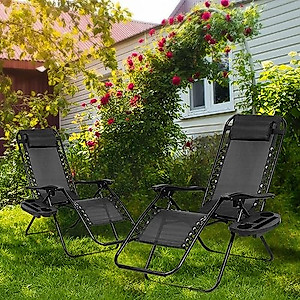 Nazhura Set of 2 Relaxing Recliners Patio Chairs Adjustable Steel Mesh Zero Gravity Lounge Chair Beach Chairs with Pillow and Cup Holder Black