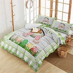 Easter Queen 3 Pieces Duvet Cover Set,Bunny Tail Egg Super Soft Breathable Bedding Sheet,Flower Green Plaid White Plank Machine Washable Quilt Covers and Pillow Cases Bed Sets for Bedroom Guest Room