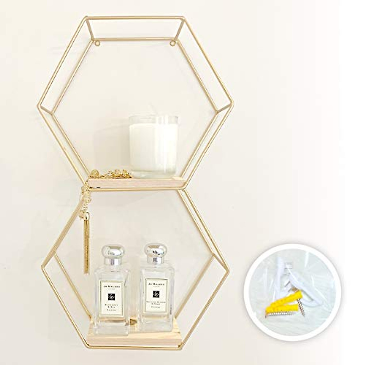 Gold Metal Wire Geometric Hexagon Floating Shelf | Two Brass Colored Vertical Honeycomb Shaped Hanging Wall Shelves | Mid Century Style Vanity Shelf | 16 x 9.25 x 3.75 Inches