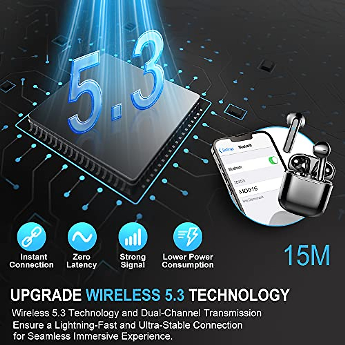 Wireless Earbud, 2023 Bluetooth 5.3 Headphones Bluetooth Earbud with 4 ENC Mics, Wireless Earphones in Ear Noise Cancelling Wireless Headphons Deep Bass IP7 Waterproof Ear Buds for iOS Android USB-C