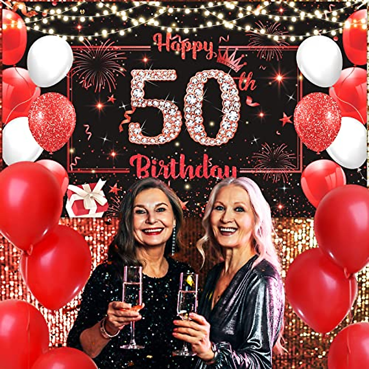 Red Happy 50th Birthday Banner Decorations for Men Women, Large Red Black Glitter 50th Birthday Backdrop Cheers to 50 Years Old Birthday Banner Photo Background Anniversary Party Supplies (50th)