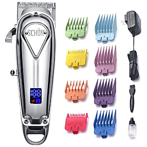 SCHON Cordless Rechargeable Hair Clipper and Trimmer for Men, Women, Children - Solid Stainless Steel Electric Buzzer with Precision Blades, Hair Cutting Kit with 8 Color-Coded Guide Combs