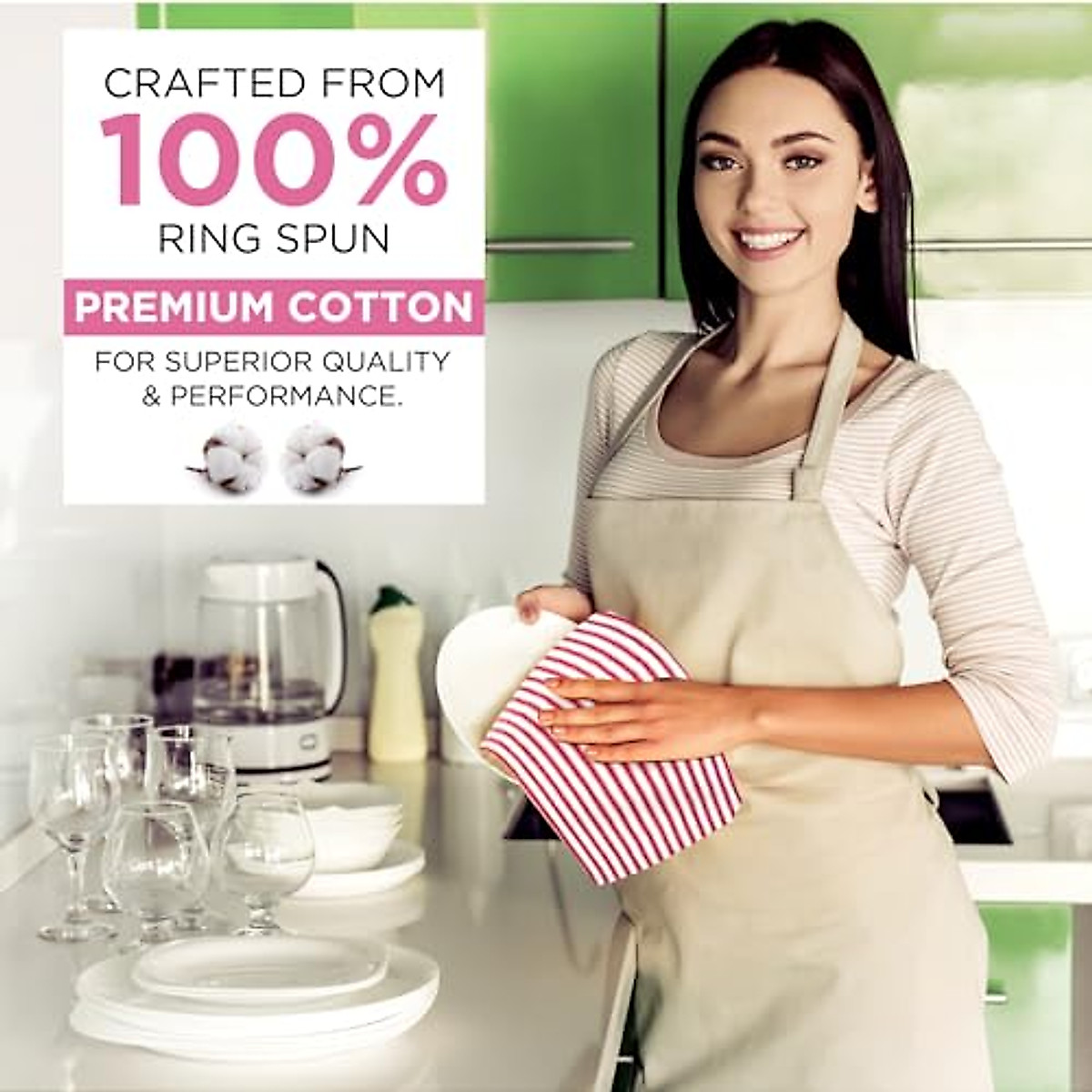 Candy Cottons Stripe Kitchen Towels Decor Hanging Loop Dish Towels Boho Stripe Absorbent Festive Gift Set of 3 Pantry Reusable 18x28 Inch Kitchen Dish Towels|Trendy Spring French Stripe| Pink