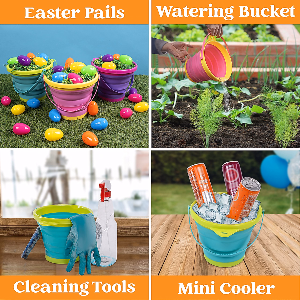 JOYIN Foldable Beach Bucket Set - 3 Packs Collapsible Toy Buckets with Shovels and Mesh Backpack for Kids Toddlers Party, Camping Gear, Travelling, Fishing Water Pail (Pink/Purple/Green)