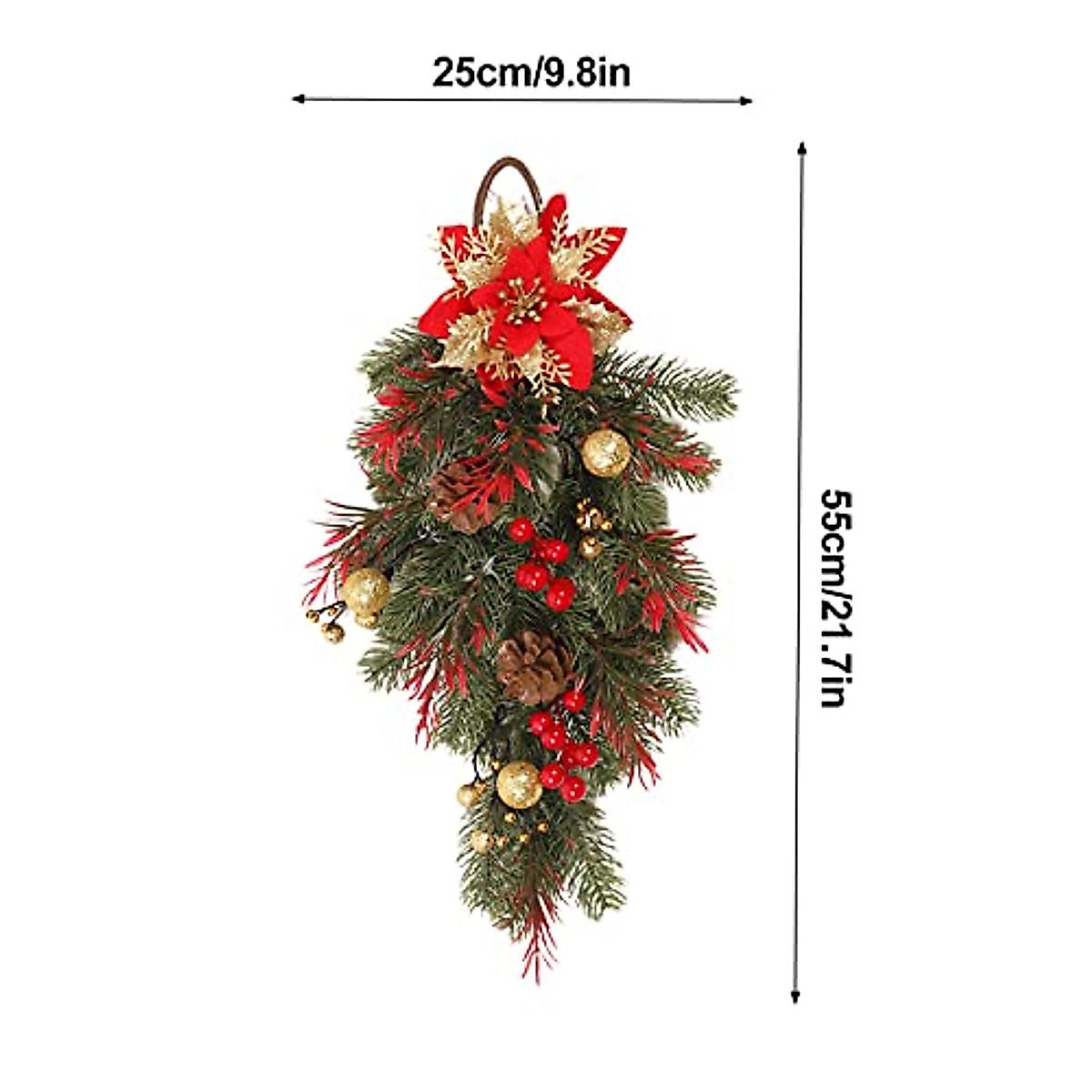 Sempoda Artificial Christmas Teardrop Swag, 21.7in Christmas Wreath with Bow & Red Berries & Xmas Ball, Winter Hanging Pine Leaves Garland for Home Party Wall Window Holiday Wedding Door Decor