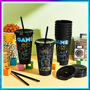 Uiifan 16 Pcs Video Game Party Plastic Cups with Lids and Straws 24 oz Iced Coffee Drinking Resuable Plastic Cups for Video Game Birthday Party Favor(Black)