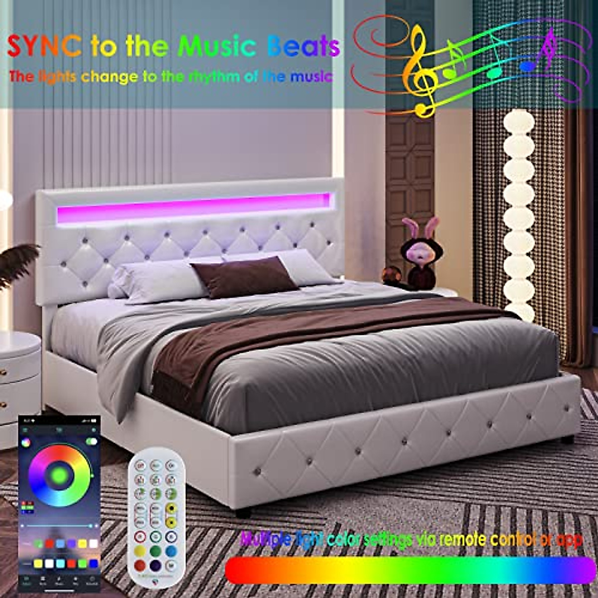 Keyluv Queen Upholstered LED Bed Frame with 4 Storage Drawers and Adjustable Crystal Button Tufted Headboard, Platform Bed with Solid Wooden Slats Support, No Box Spring Needed, White