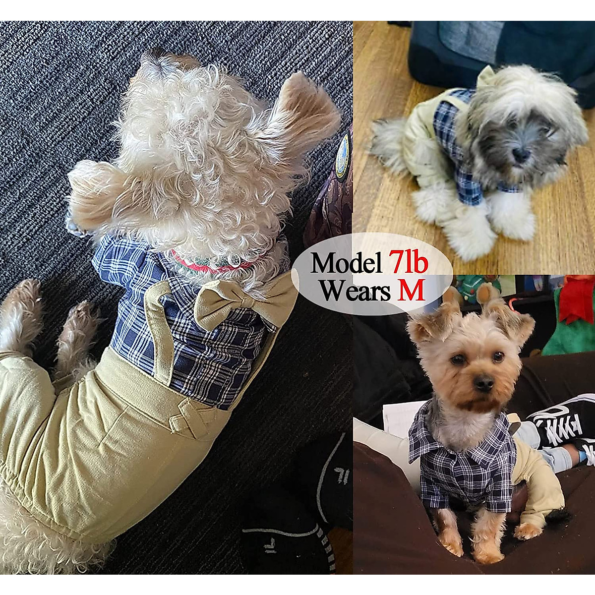 Pet Clothes Dog Shirts Classic Plaid Striped Overall Jumpsuit, Gentle Puppy Wedding Birthday Western Onesies Apparel, Fashion Daily Outfit with Bowtie for Dogs and Cats (Medium, Khaki)