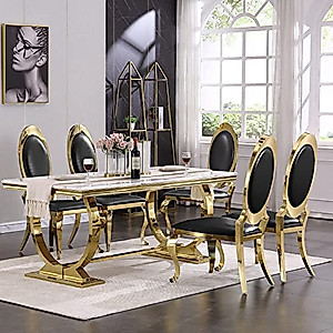 ACEDÉCOR 7-Piece Luxury Dining Room Table Set, Kitchen and Dining Room Set with 6 Black Leather Dining Chairs, White and Gold Dining Table with Stainless Steel Metal U-Base(1 Table+6 Chairs)