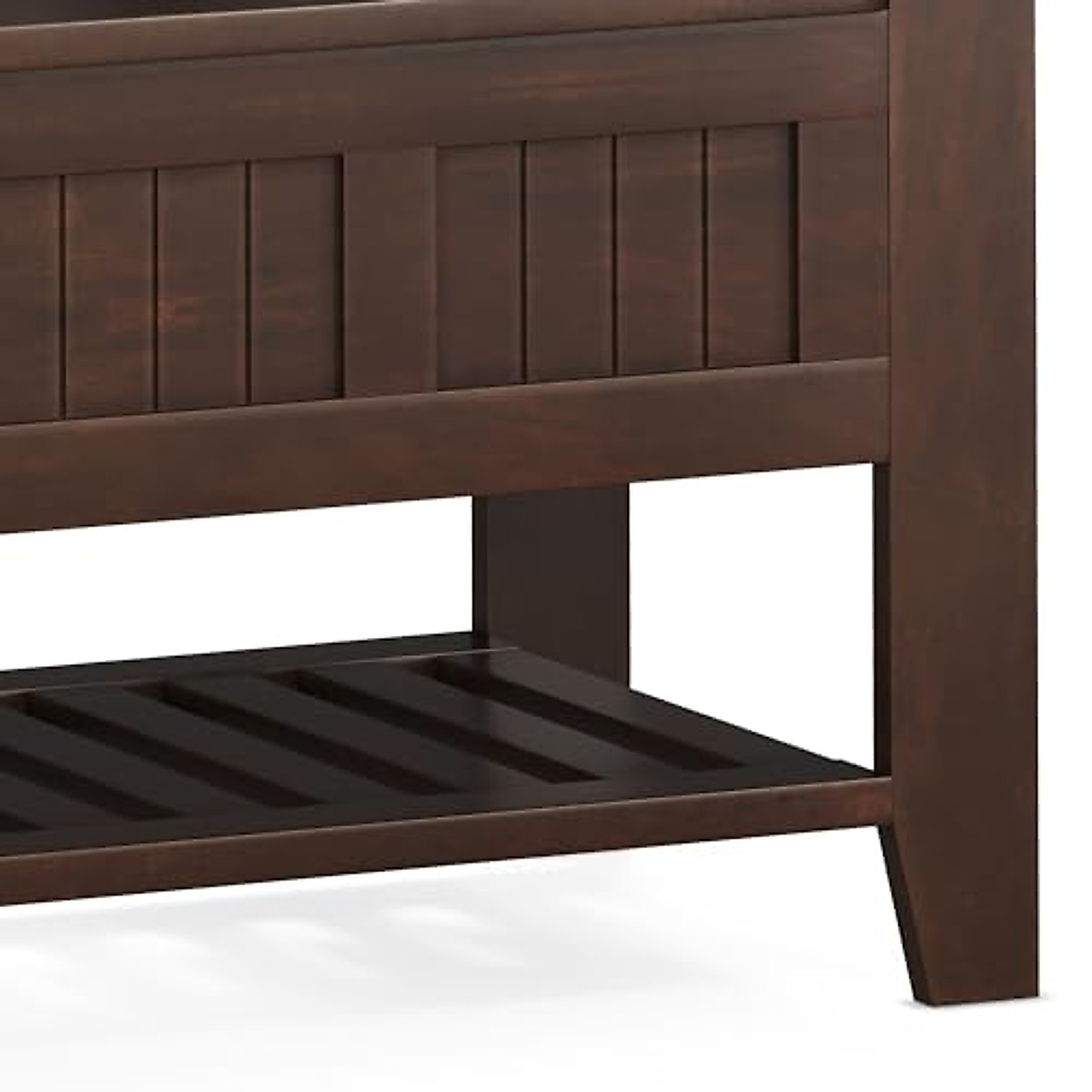 SIMPLIHOME Acadian Solid Wood 48 Inch Wide Transitional Entryway Storage Bench with Shelf in Brunette Brown, for The Living Room, Entryway and Family Room