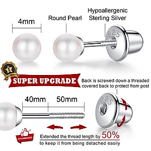 LUCKMORA 925 Sterling Silver Small Pearl Earrings with safety backs in 4 mm White Simulated Pearl Hypoallergenic Screwback Earrings for Women (4mm)