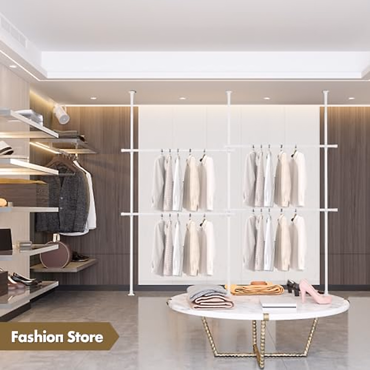 BsBsBest Ceiling Clothes Rack, 4 Tier Adjustable Closet Shelves Free Standing Closet Organizer And Storage Free Ceiling to Floor for Hanging Clothes White
