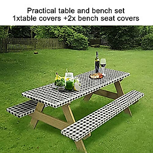 wagude Rectangle Vinyl Camping Picnic Table Cover + Benches 3-pc Set,30x72'' (6-FT) Flannel Backing Elastic Waterproof Wipeable Black/White Checkered Plastic Tablecloth for Indoor Outdoor Patio Park