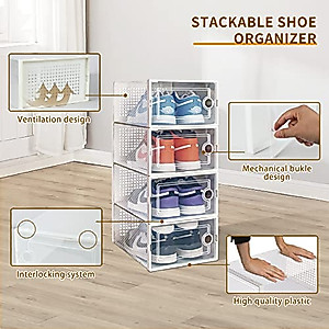 Hrrsaki 15 Pack Foldable Shoe Storage Boxes, Shoe Boxes Clear Plastic Stackable, Shoe Organizer Boxes with Front Opening Lids, Ventilation and Dust-proof, Shoe Container Boxes for Closet, Bedroom, Bathroom, Fit for Women/Men Size 9(13” x 9” x 5.5”) (white