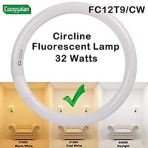 COOGGALAN FC12T9/CW 32W Cool White Circular Light Bulbs, 12 inch Round T9 32 Watts FC12T9/841 4100K Circline Fluorescent Bulb, Replacement Kitchen and Bath Circle Light Bulb, G10q 4 Pin Prong, 2 Pack