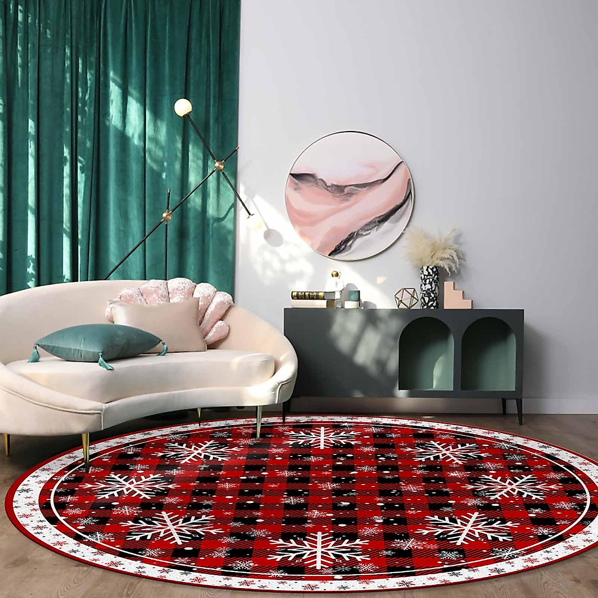 Red Christmas Round Area Rug 4ft Buffalo Plaid Farmhouse Snowflake Washable Outdoor Indoor Carpet Runner Rug for Bedroom,Kitchen,Bathroom,Living/Dining/Laundry Room,Office Large Bath Door Floor Mat