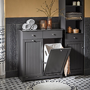 Haotian Bathroom Laundry Hamper Cabinet Double Baskets Double Drawers Laundry Cabinet, Tilt-Out Laundry Hamper, Bathroom Storage Cabinet Unit with Drawer, Grey BZR33-DG