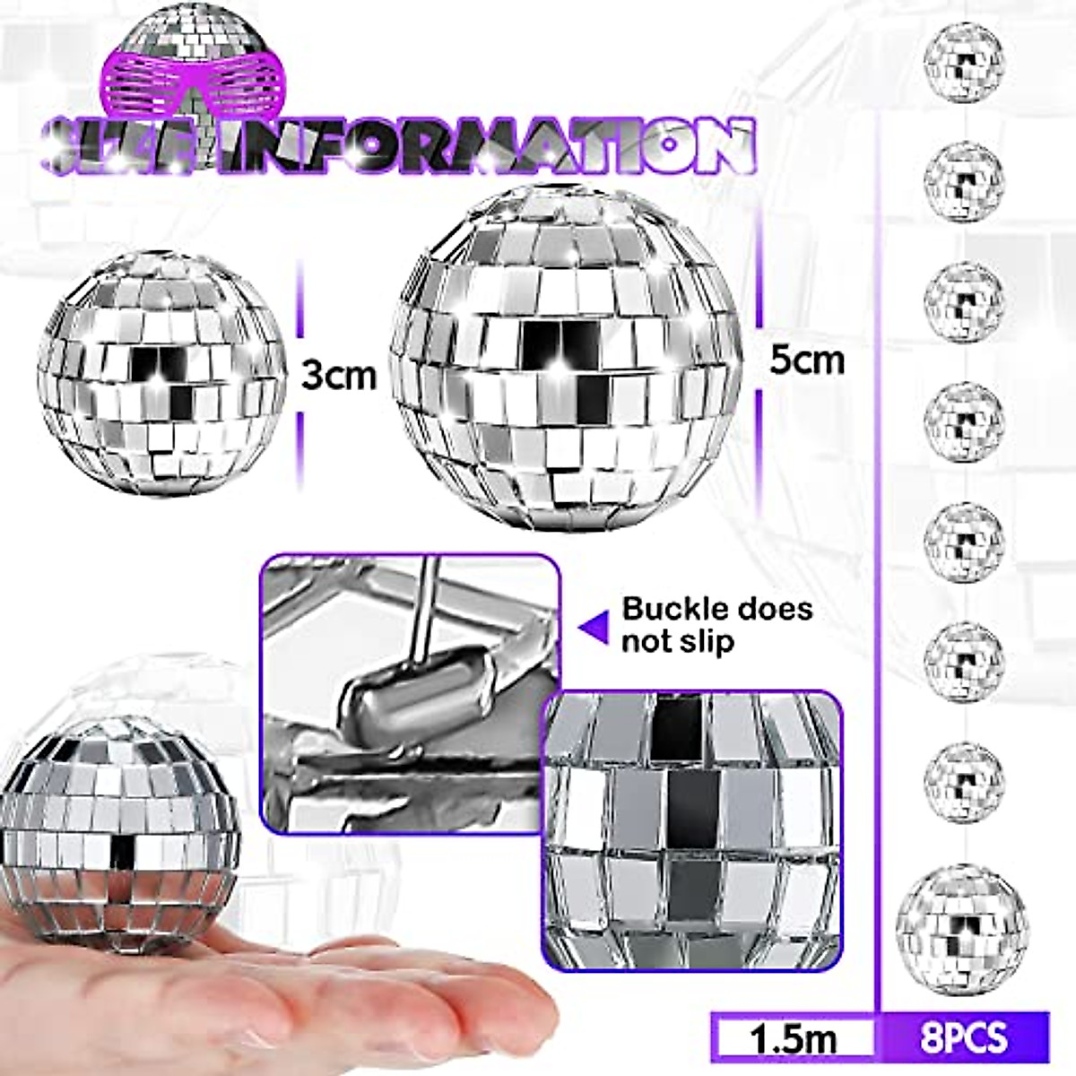 8 Packs Mini Disco Ball Ornaments Reflective Mirror Decor Silver Hanging Decorations for Tree Wedding Dance Music Festival Birthday Party Home Supplies (1 Inch, 2 Inch)