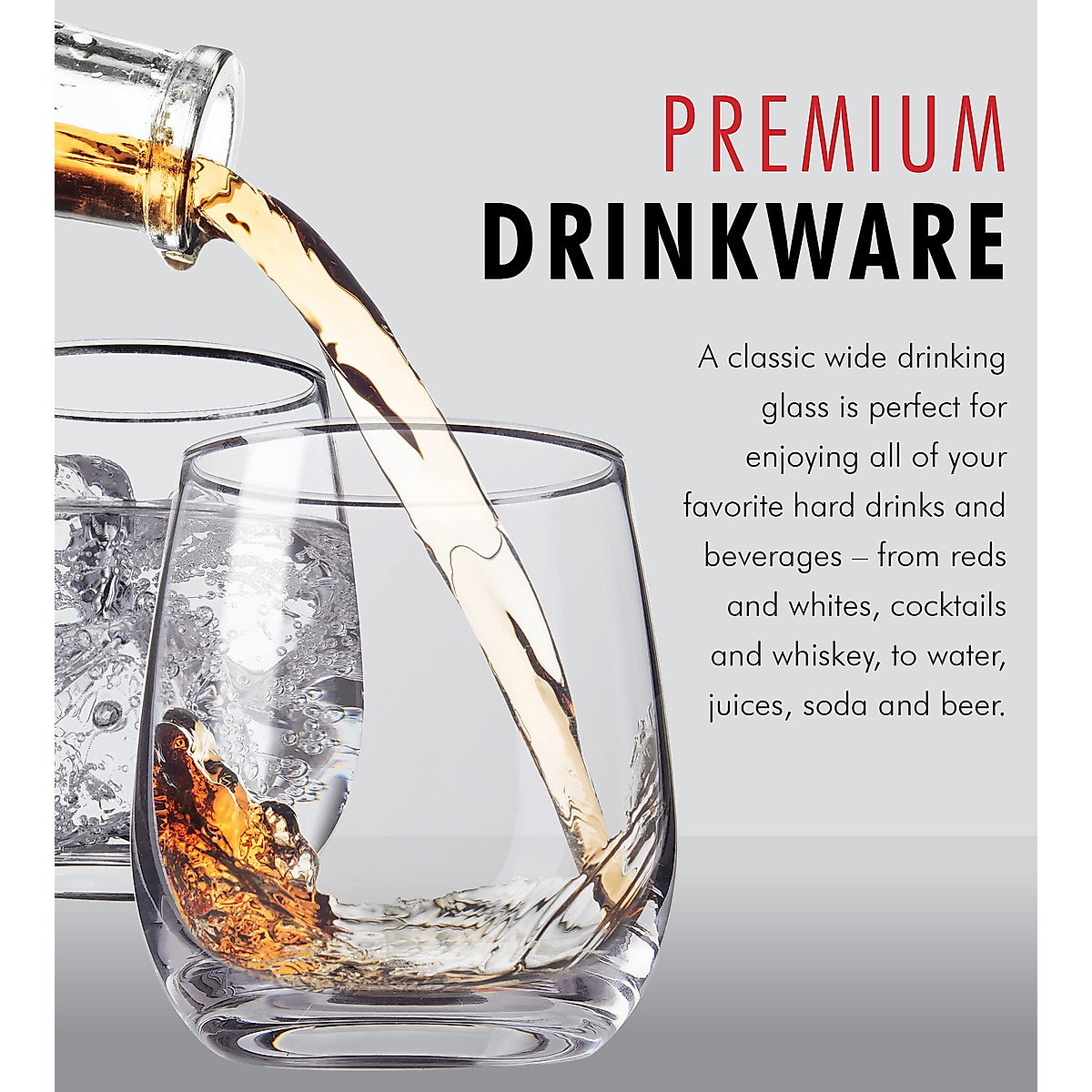 Kitchen Lux 12oz Drinking Glass Tumbler – Set of 12 – Premium Clear Glasses For Wine, Shots, Cocktails, Scotch and All Purpose Drinking Cups – Elegant Stemless Design – Dishwasher Safe