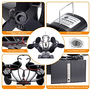 Wood Stove Fan,Double Head 6 Blade Fireplace Fan,Slient Heat Powered Stove Fan for for Gas/Pellet/Wood Burning Stove,200CFM Ecofan Komin Log Wood Burner Fan Stove Accessories Non Electric