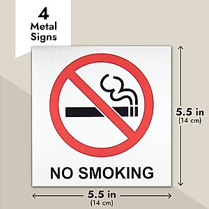 4 Pack No Smoking Signs for Businesses, Aluminum Metal Sticker for Restaurants, Public Spaces, Self-Adhesive (5.5 x 5.5 In)