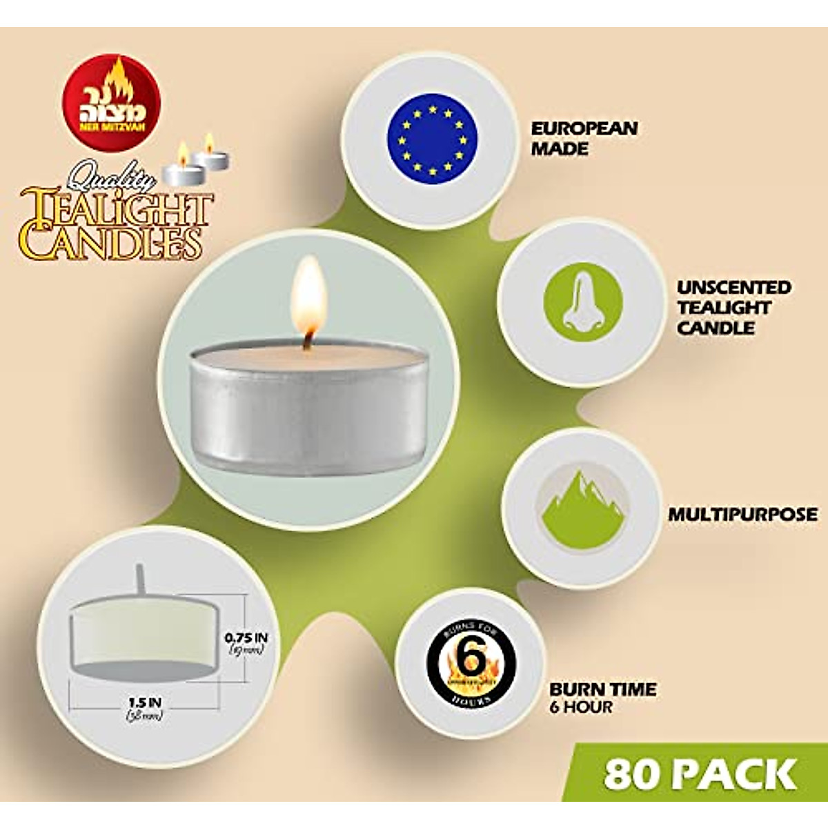 Ner Mitzvah 6 Hour Tea Light Candles - 80 Pack Bulk Package - White Unscented Travel, Centerpiece, Decorative Candle with Maxi Burn Time - Pressed Wax