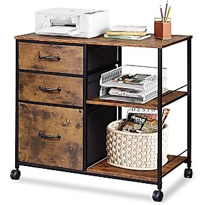 DEVAISE 3 Drawer Mobile File Cabinet, Rolling Printer Stand with Open Storage Shelf, Fabric Lateral Filing Cabinet fits A4 or Letter Size for Home Office, Rustic Brown Wood Grain Print