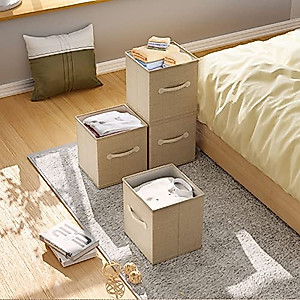 Fabric Storage Cubes, CODCAW Storage Bins with Dual Leather Handles, 4 Pack Cube Foldable Storage Organizer for Shelves, Home, Office, Nursery (Khaki)