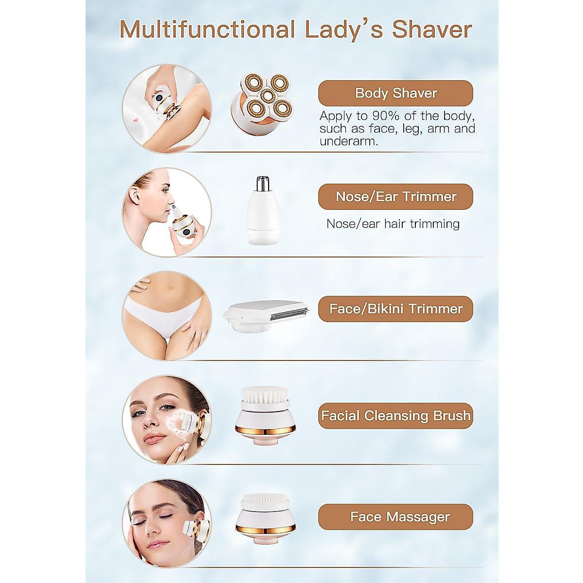 Electric Razors for Womens Legs, 5D Women Facial Hair Removal, Rechargeable Face Shaver for Bikini Face and Body, 5 in 1 Wet and Dry Hair Trimmer, Waterproof, Painless Hair Remover