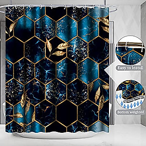 Poedist 4 Pcs Bathroom Shower Curtain Set,Bathroom Sets with Rugs(Bath Mat,U Shape and Toilet Lid Cover Mat) and 12 Hooks,Sky Blue Honeycomb Marble