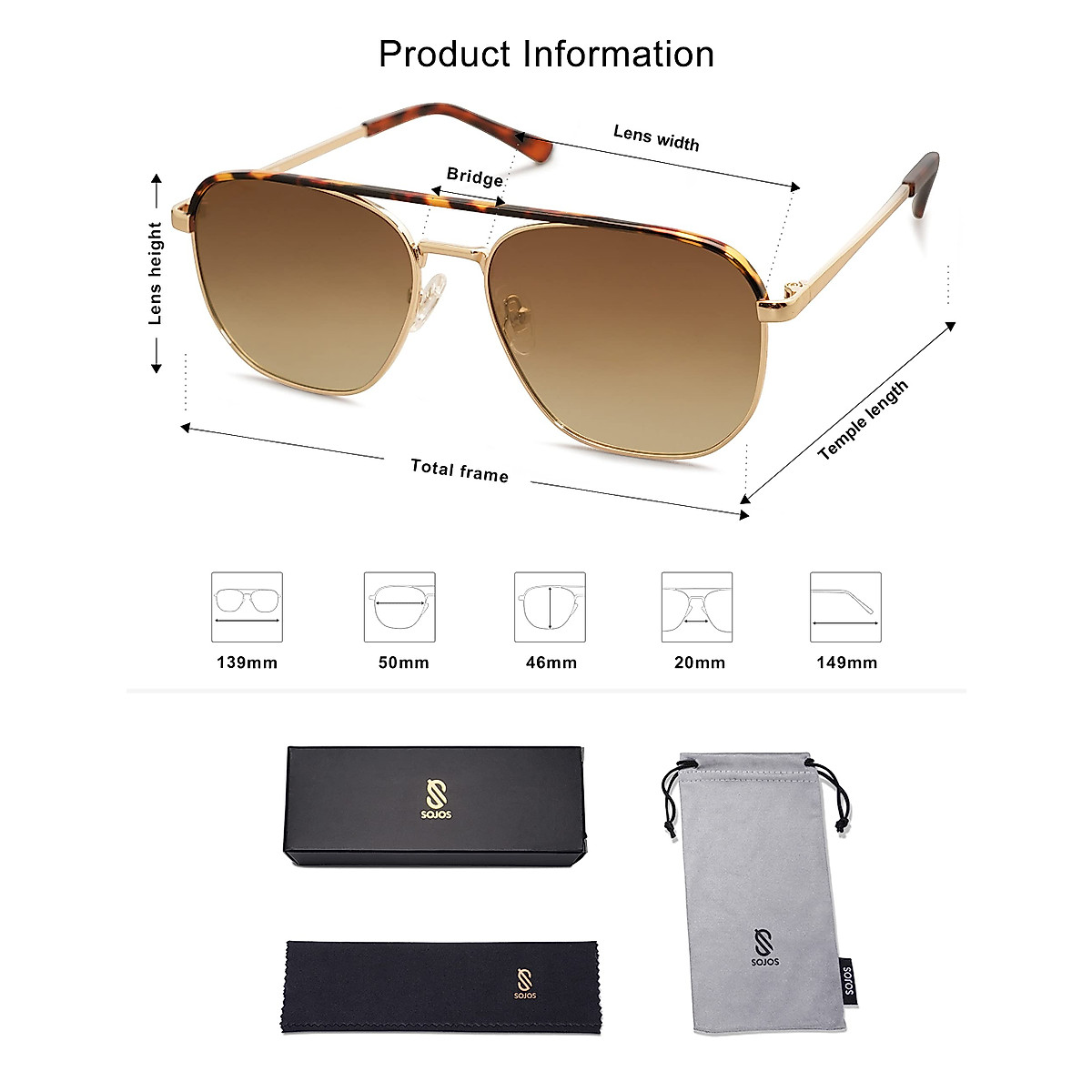 SOJOS Retro Aviator Polarized Sunglasses Womens Mens Vintage Square Shades Sun Glasses UV400 SJ1184 with Gold/Brown Lens