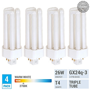 KOR Pack of 4 26 Watt Triple Tube - GX24Q-3 (4 Pin) Base - 2700K Warm White - CFL Light Bulb - Replaces Sylvania 20879 CF26DT/E/IN/827 - Philips 458240 PL-T 26W/827/4P/ALTO - GE 97614 F26TBX/827/A/ECO