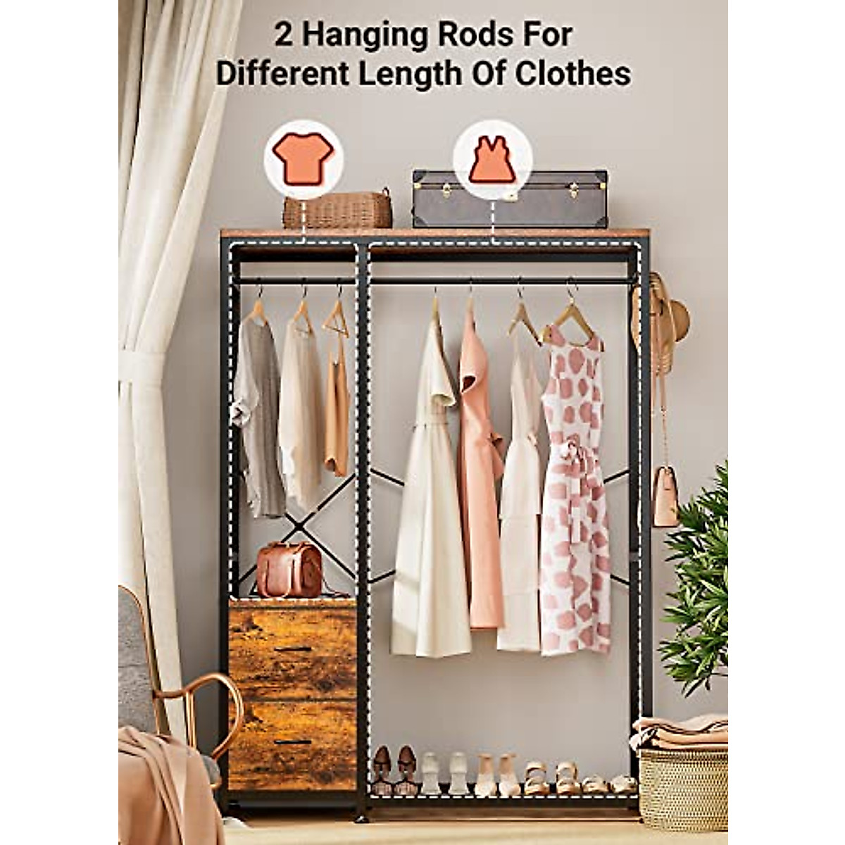 Lulive Clothes Rack, Heavy Duty Garment Rack for Hanging Clothes, Industrial Clothing Racks with Shelves, 2 Fabric Drawers, 4 Hooks, 2 Hanging Rods, Freestanding Closet Organizer, Rustic Brown