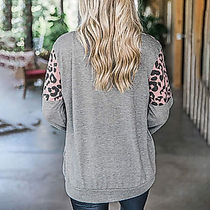 Fheaven Pocket Long Sleeve Sweatshirt for Women Leopard Print Splicing Pullover Tops Pink