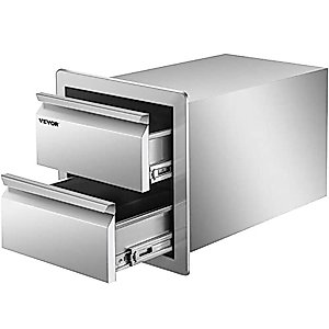 VBENLEM 14W x 14.5H x 23D Inch Flush Mount Stainless Steel Double Drawers with Recessed Handles for Outdoor Kitchens or BBQ Island