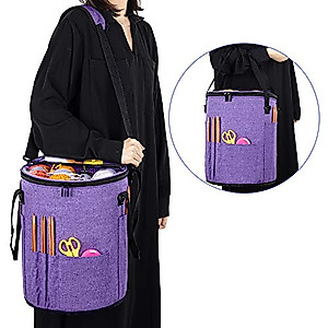 Teamoy Knitting Tote Bag, Yarn Storage Crochet Bag Organizer for Knitting Needles, Yarn, Unfinished Projects, Crochet Hooks, and Other Supplies, Purple