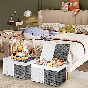 KUREEISE Storage Basket with Lid, 65L Woven Blanket Storage Basket with Handles, Removable Liner with Divide, Metal Frame, Storage Bin for Bedroom, Laundry Room（Gray-White）