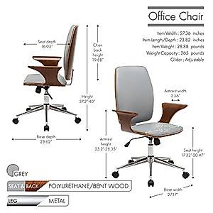Porthos Home Lennon Comfortable, Stylish with Armrests, Height Adjustable, Ergonomic, Executive Wheels Retro Style Modern Office Chair Size 24 x 27 x 40, Grey